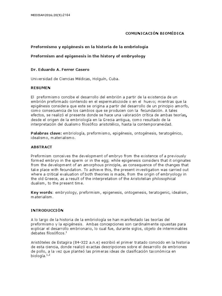 Preformismo y Epigénesis en La Historia de La Embriología | PDF ...