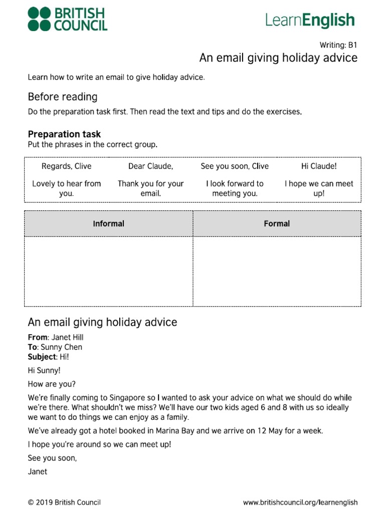 LearnEnglish Writing B1 An Email Giving Holiday Advice | PDF