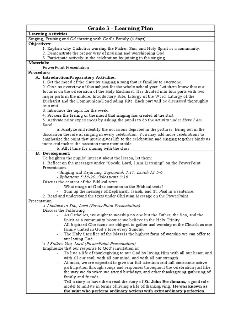 Learning Plan CLE Grade 3 | PDF | God The Father | Trinity