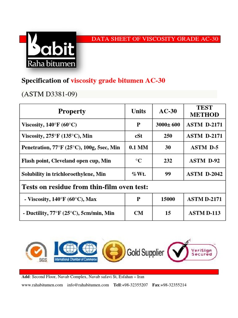 Data Sheet of Viscosity Grade Bitumen Ac 30 | PDF