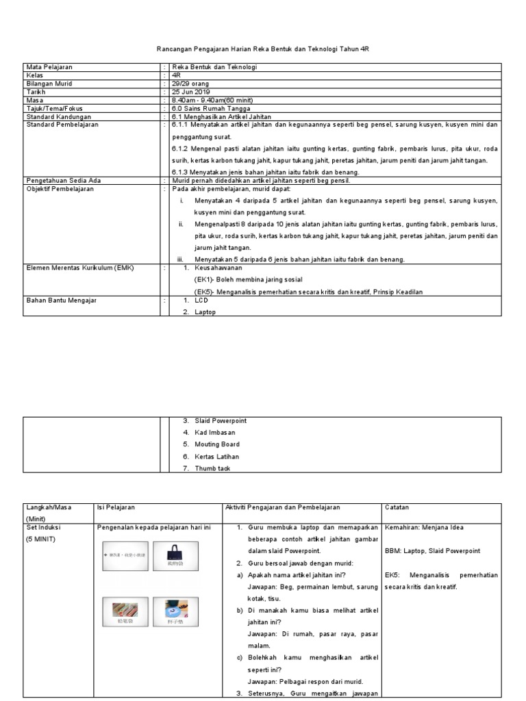 RPH Reka Bentuk Dan Teknologi Tahun 4R | PDF