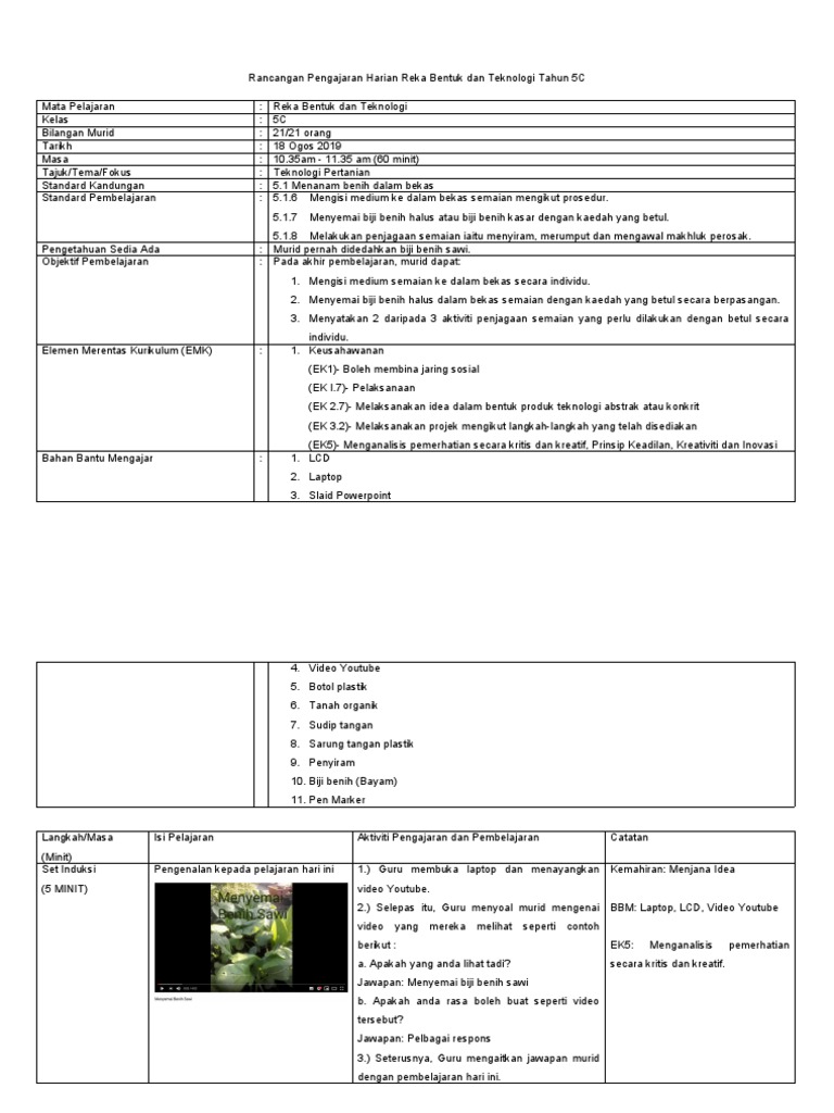 RPH RBT Tahun 5C (18-08-19) | PDF
