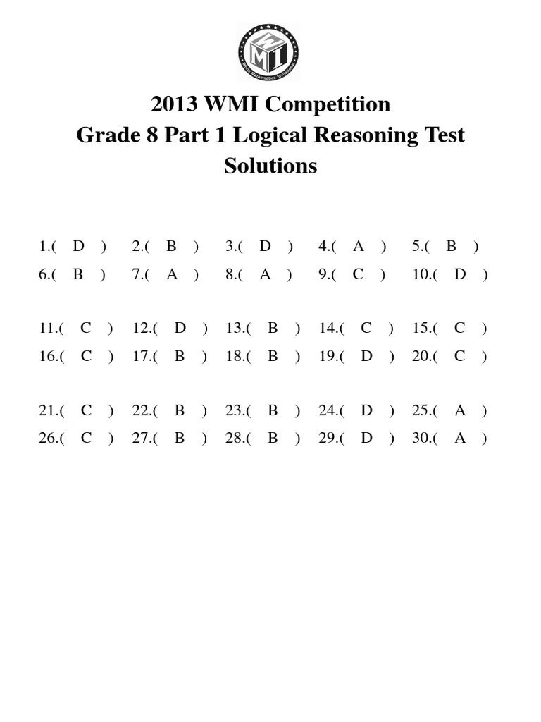 2013 WMI Competition Grade 8 Part 1 Logical Reasoning Test Solutions | PDF