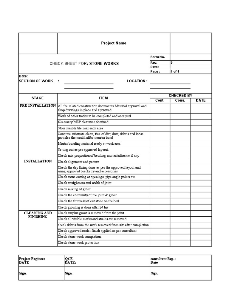 Checklist For Stone Works | PDF | Civil Engineering | Building Materials