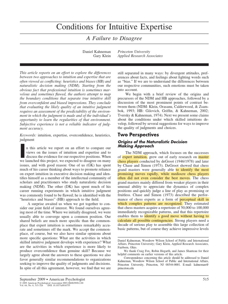 Conditions For Intuitive Expertise | PDF | Expert | Heuristics In ...
