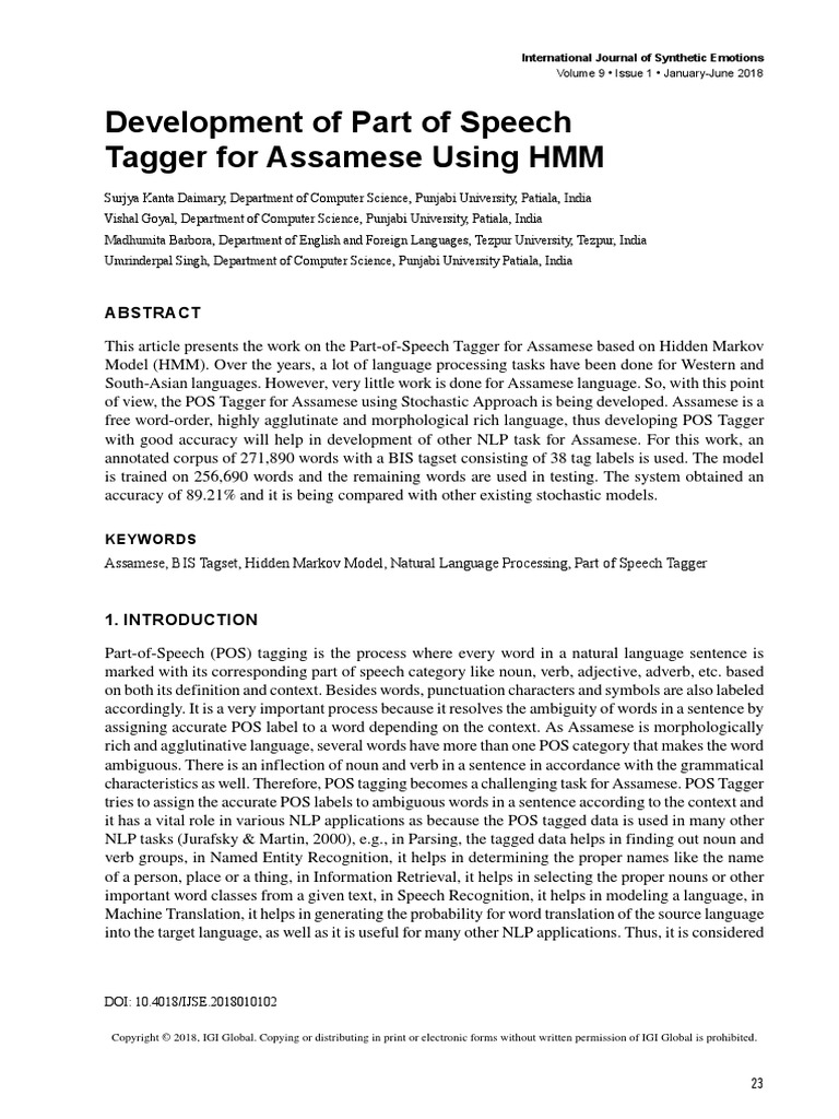 Development of Part of Speech Tagger For Assamese Using HMM | Download Free PDF | Grammatical ...