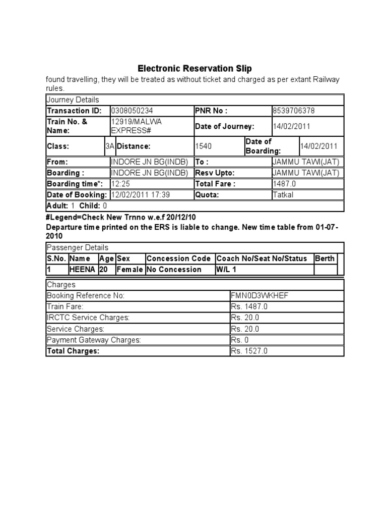 Electronic Reservation Slip for Train Journey | PDF