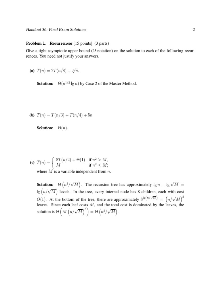 Handout 36: Final Exam Solutions: Problem 1. Recurrences | PDF | Algorithms And Data Structures ...