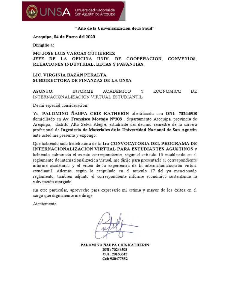 Carta de Informe Unsa | Descargar gratis PDF | Innovación | Evaluación