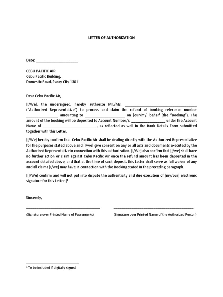 Authorization Letter For Cash Refund | PDF