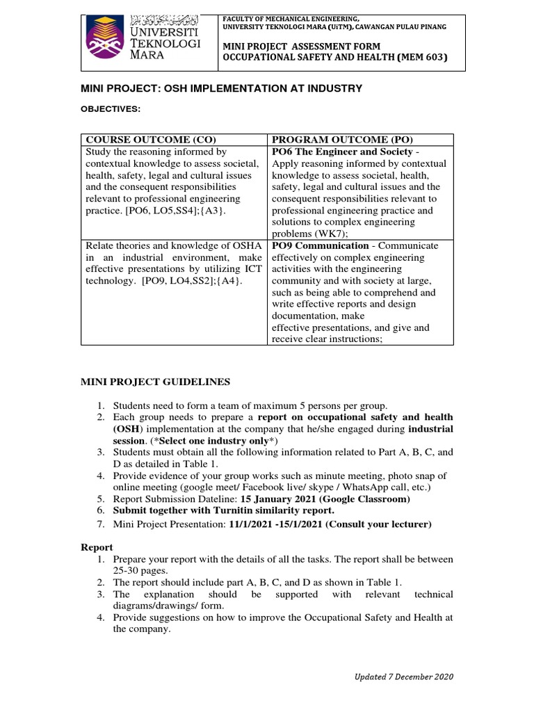 MEM603 MINI Project RMO Guideline Dec2020 (Group) | PDF | Personal ...