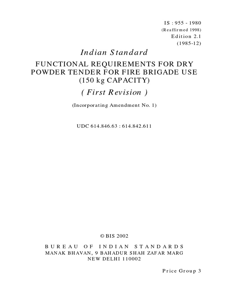 Indian Standard: Functional Requirements For Dry Powder Tender For Fire ...