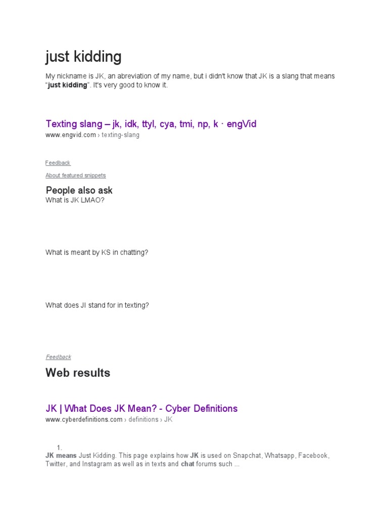 Just Kidding: Texting Slang - JK, Idk, Ttyl, Cya, Tmi, NP, K Engvid | PDF