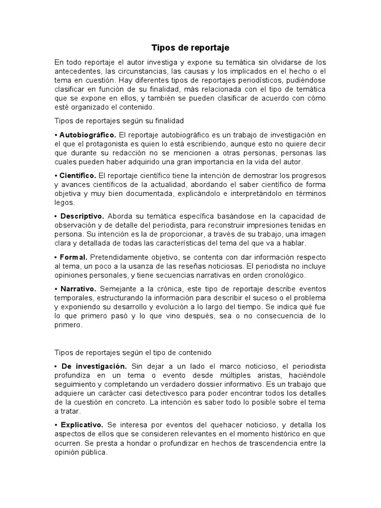 Tipos de Reportajes | PDF | Conocimiento | Periodismo