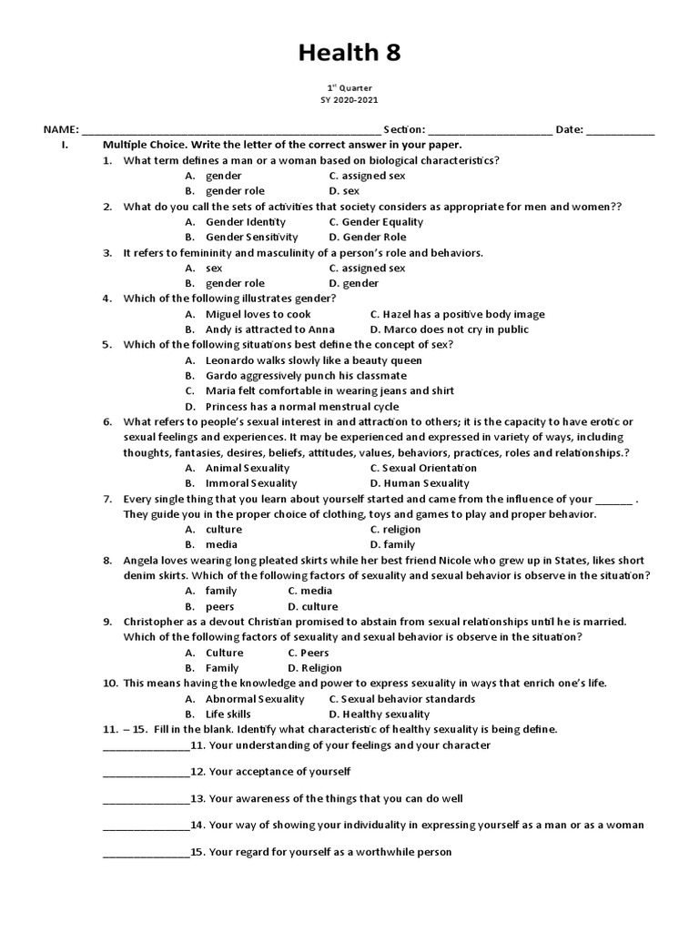 Health 8: I. Multiple Choice. Write The Letter of The Correct Answer in ...