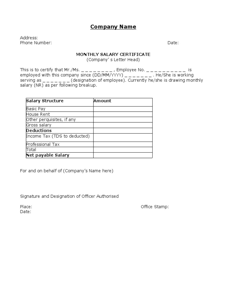 MONTHLY SALARY CERTIFICATE Format in Word | PDF
