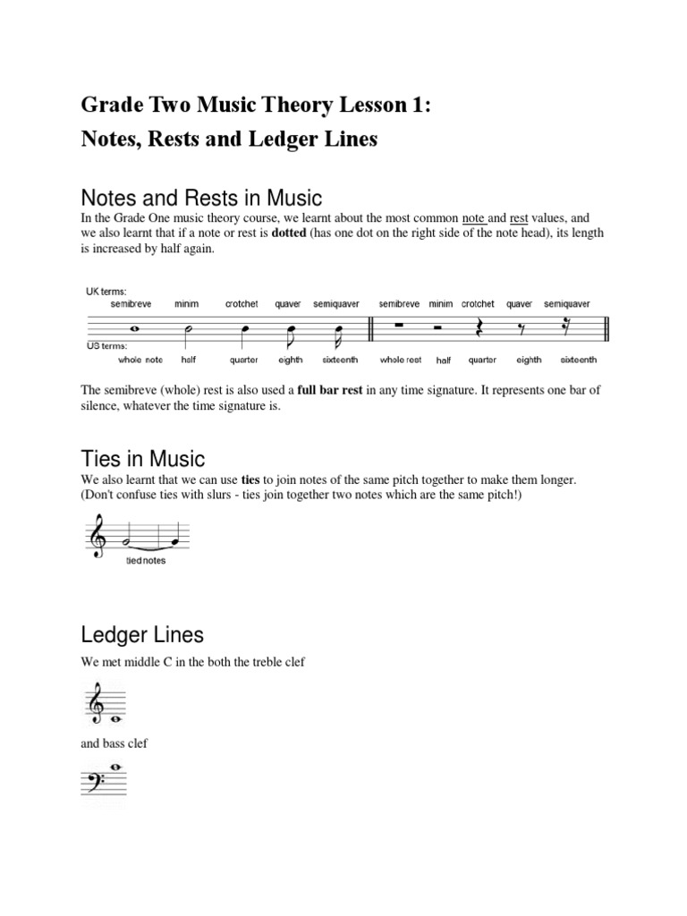 Grade Two Music Theory Lesson 1: Notes, Rests and Ledger Lines | PDF ...