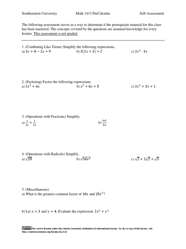 SEU Math 1413 Precalculus Self-Assessment | PDF | Numbers | Multiplication