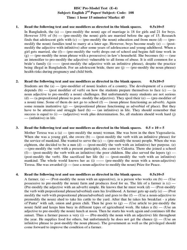 HSC Pre-Model Test 2020 (E-4) | PDF | Verb | Adjective