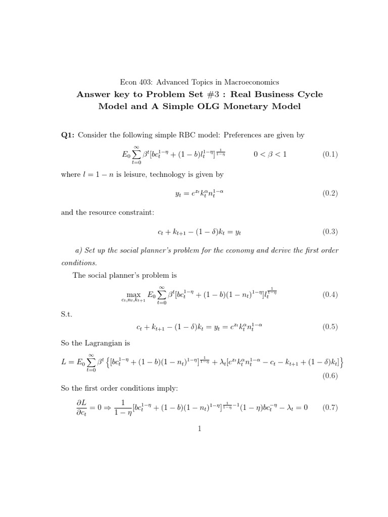 Answer Key To Problem Set #3: Real Business Cycle Model and A Simple ...