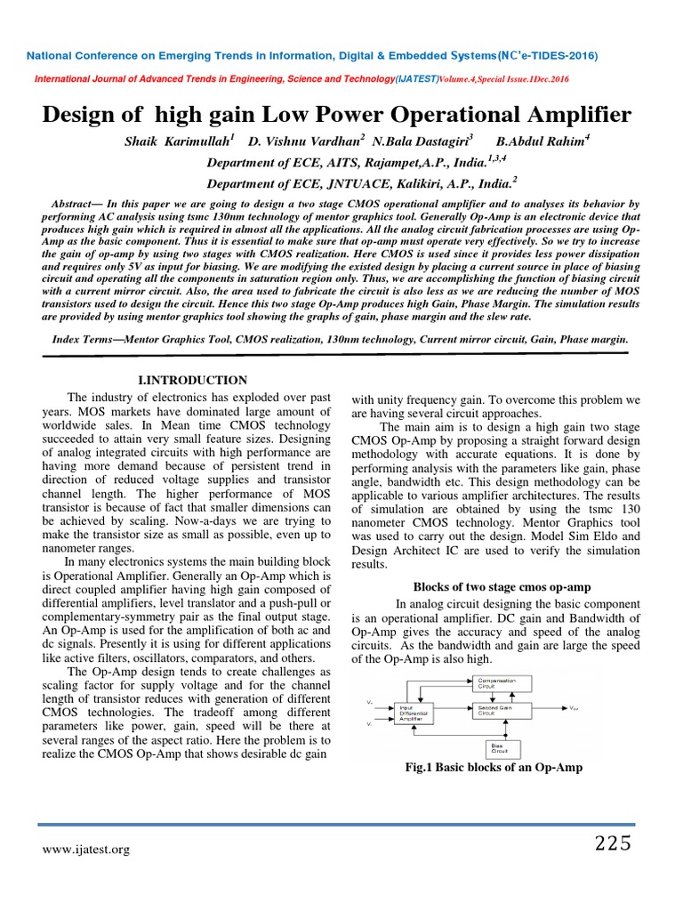 41.design of High Gain Low Power Operational Amplifier | PDF | Operational Amplifier | Amplifier