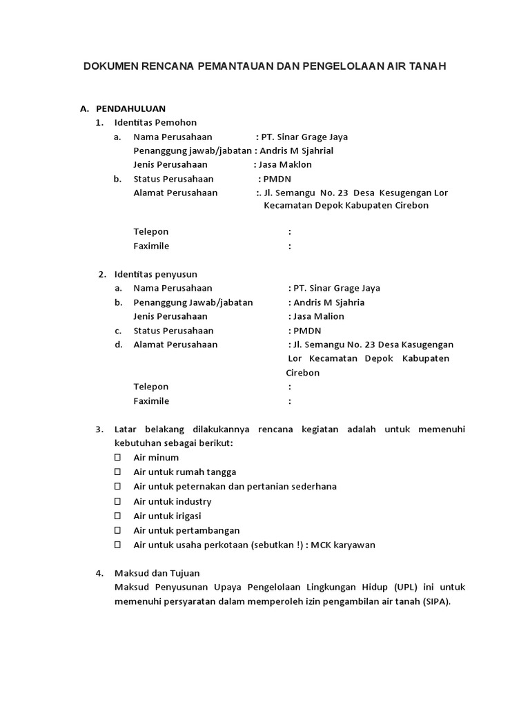 Dokumen Rencana Pemantauan Dan Pengelolaan Air Tanah | PDF