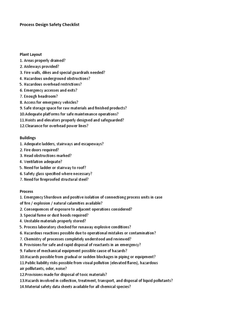 Process Design Safety Checklist | PDF | Active Fire Protection ...