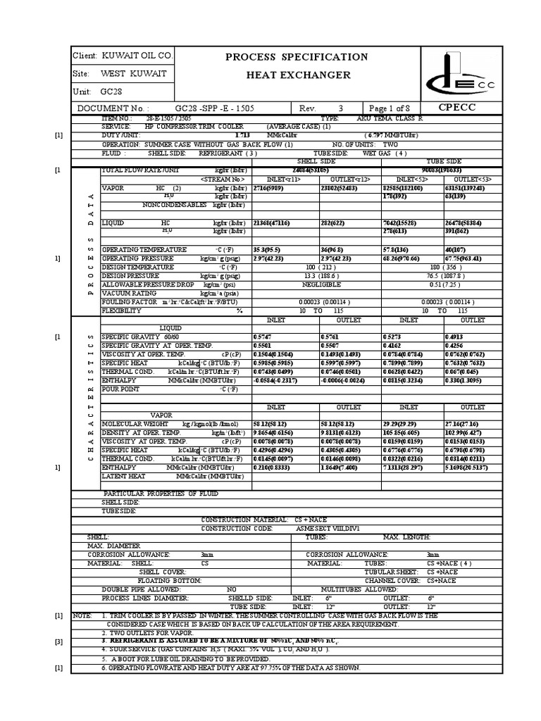 Process Specification Heat Exchanger Cpecc | PDF | Pressure | Heat ...