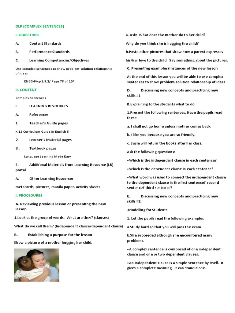 Complex Sentences Lesson Plan for Grade 6 | PDF | Sentence (Linguistics ...