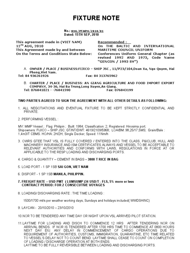 Fixture Note (Chartering) -Minh Nguyện | PDF