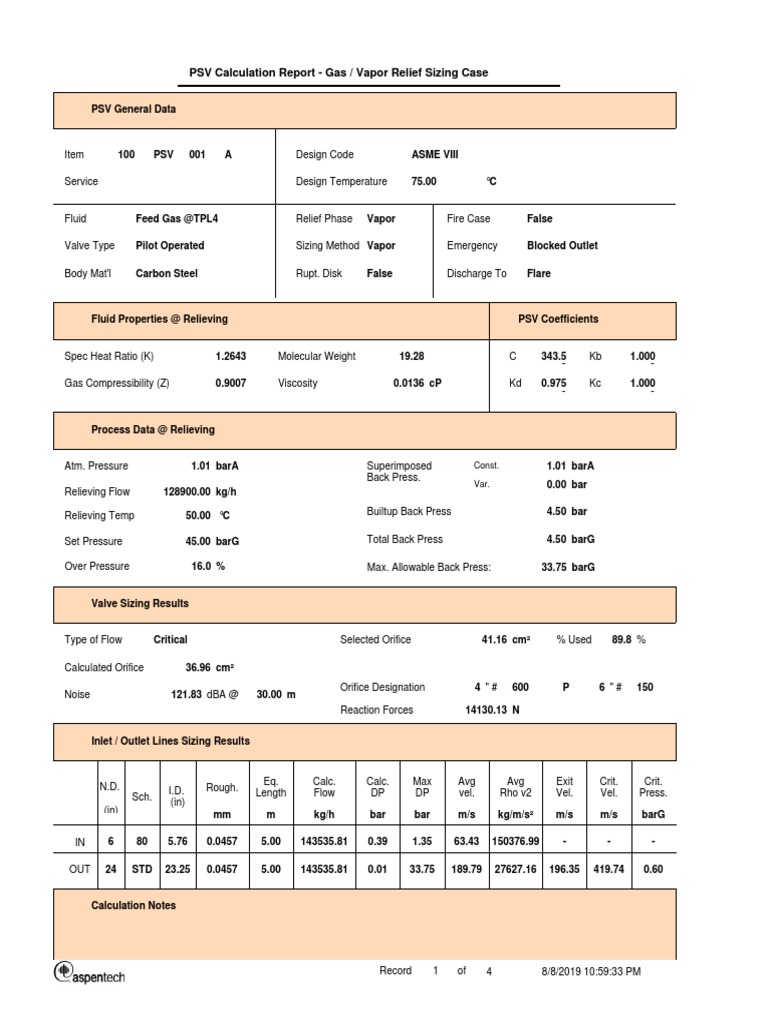 PSV Calculation Report - Gas / Vapor Relief Sizing Case: Const. Var ... PSV Calculation Report - Gas / Vapor Relief Sizing Case: Const. Var ...