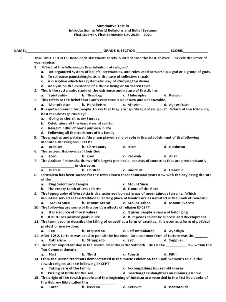 World Religions Summative Test | PDF | God | Catholic Church