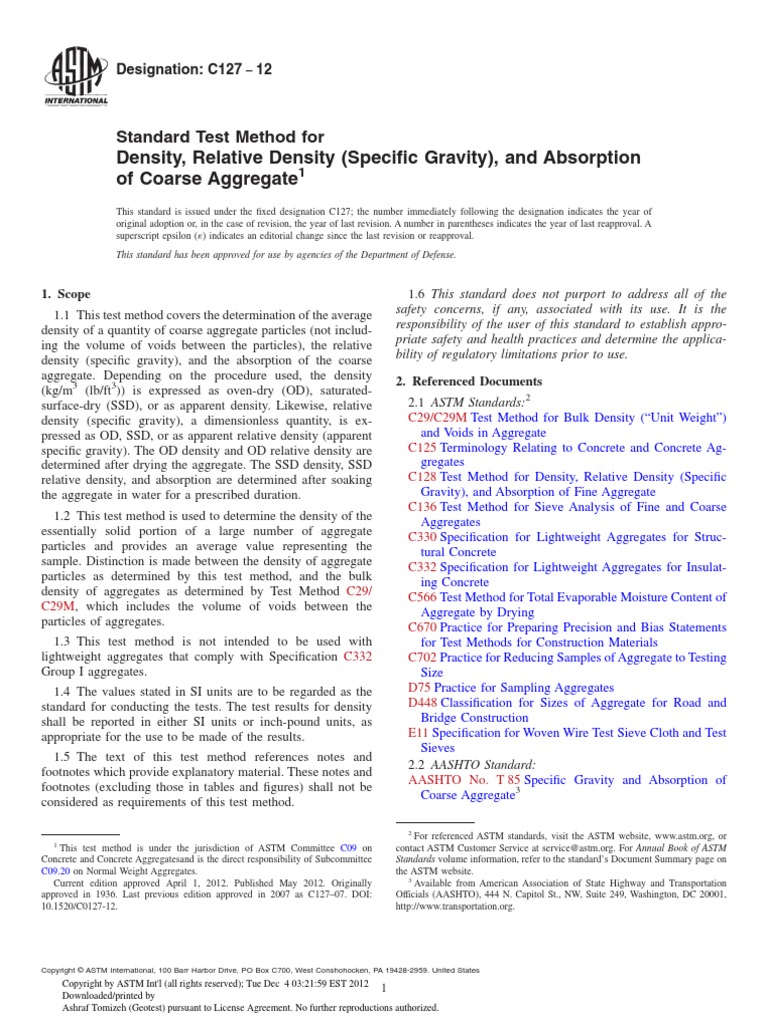 Astm c127-12 PDF | PDF | Density | Porosity