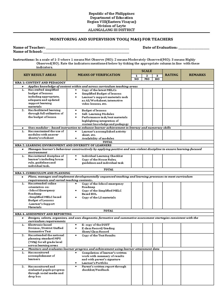 Monitoring Supervision Tools For Teachers | PDF | Educational ...