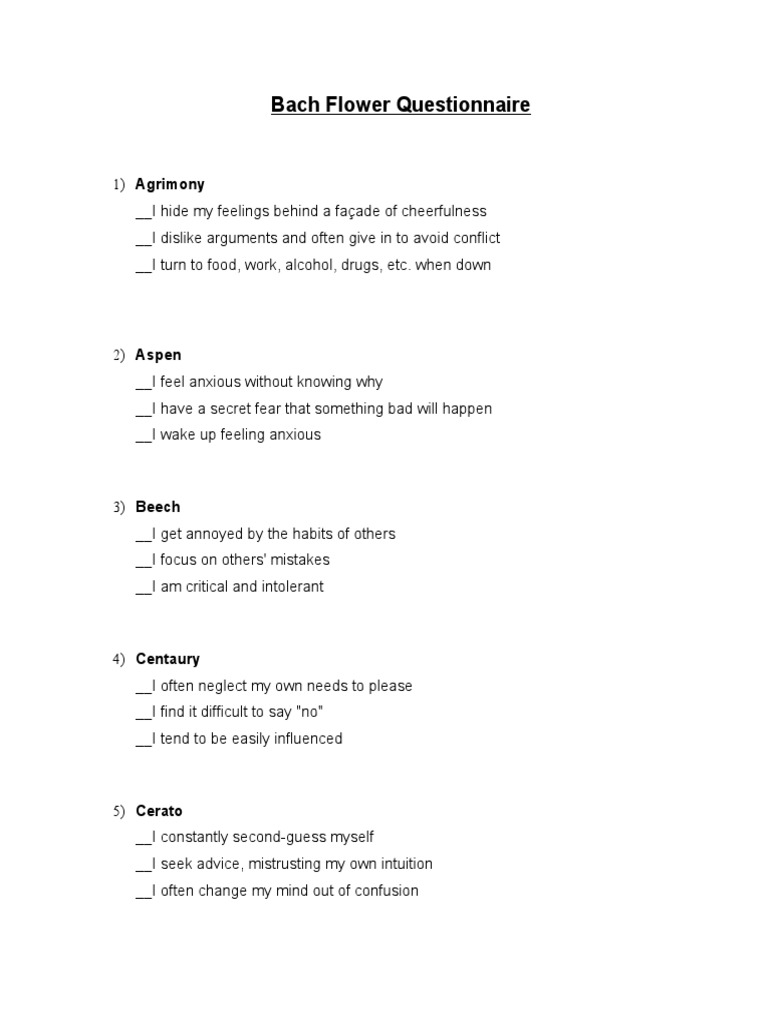 Bach Flower Questionnaire | PDF | Psychological Concepts