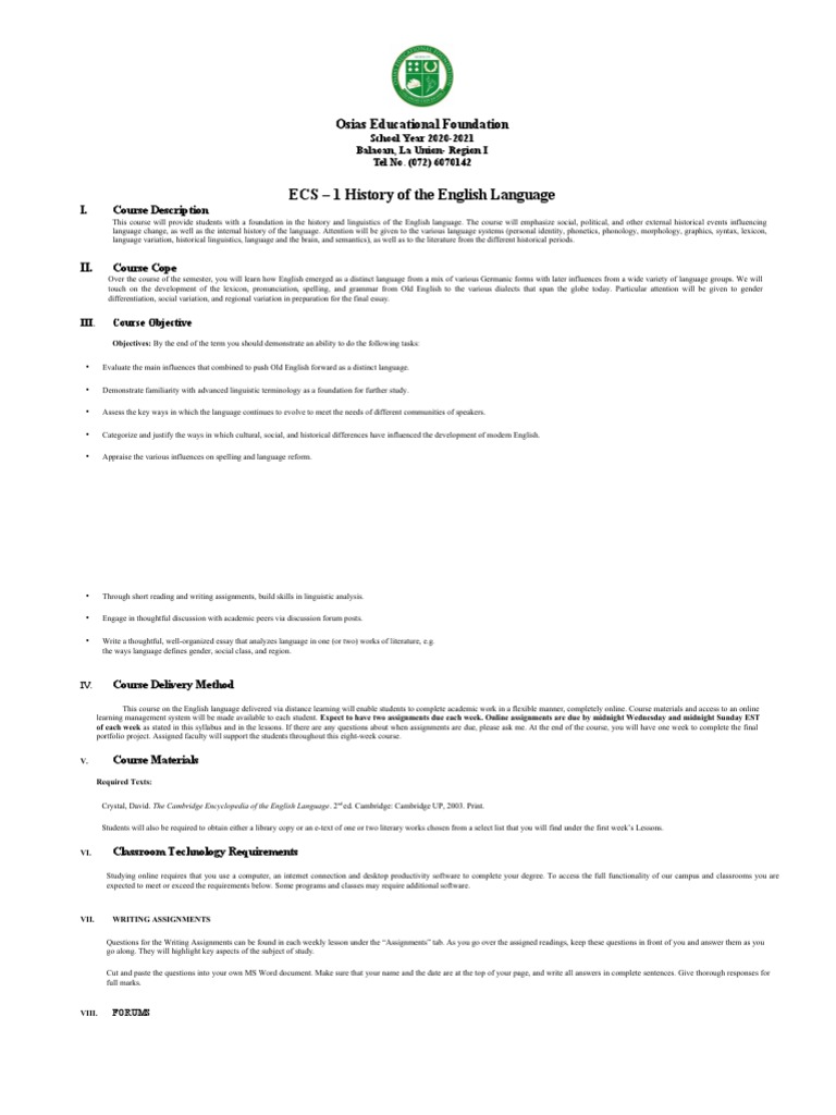 History of English Language (Syllabus) | PDF | English Language ...
