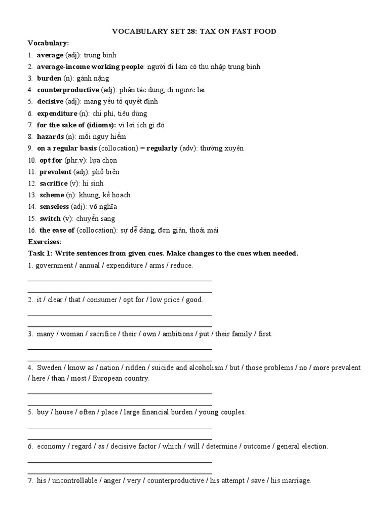 Vocabulary Set 28 - TAX ON FAST FOOD | PDF | Fast Food | Taxes