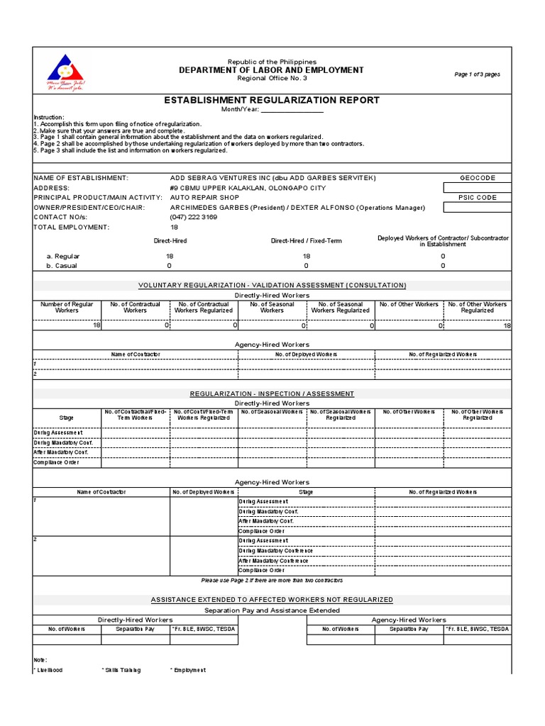 Establishment Regularization Report Form | PDF | Employment | Labor
