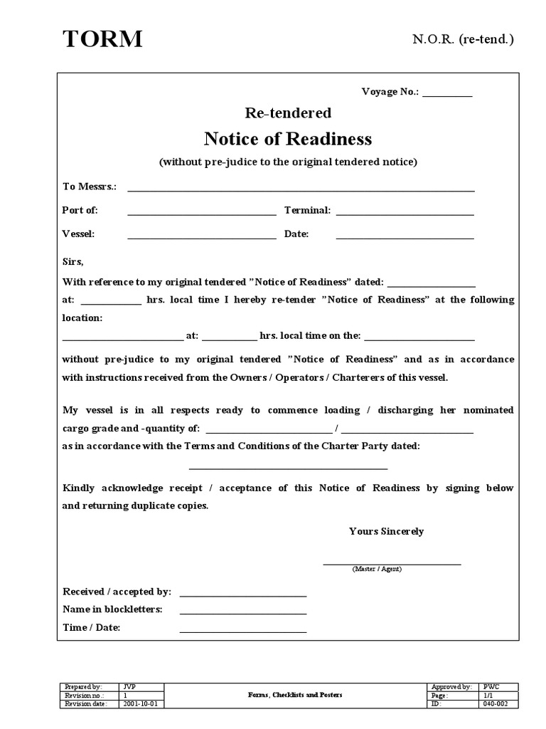 Re-Tendered Notice of Readiness Form | PDF