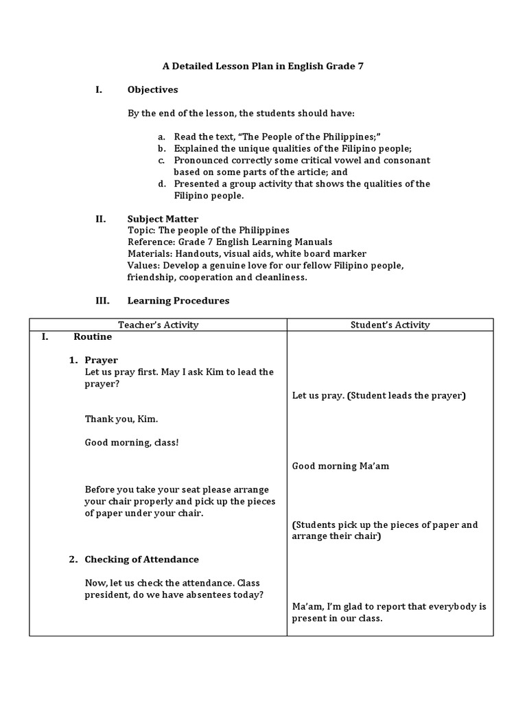 Detailed Lesson Plan in English Grade 7 | PDF | Philippines | Lesson Plan