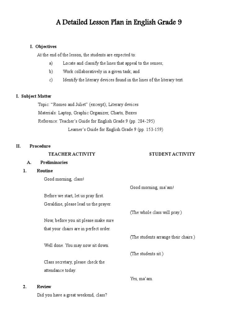 A Detailed Lesson Plan in English Grade 9 | PDF | Characters In Romeo ...