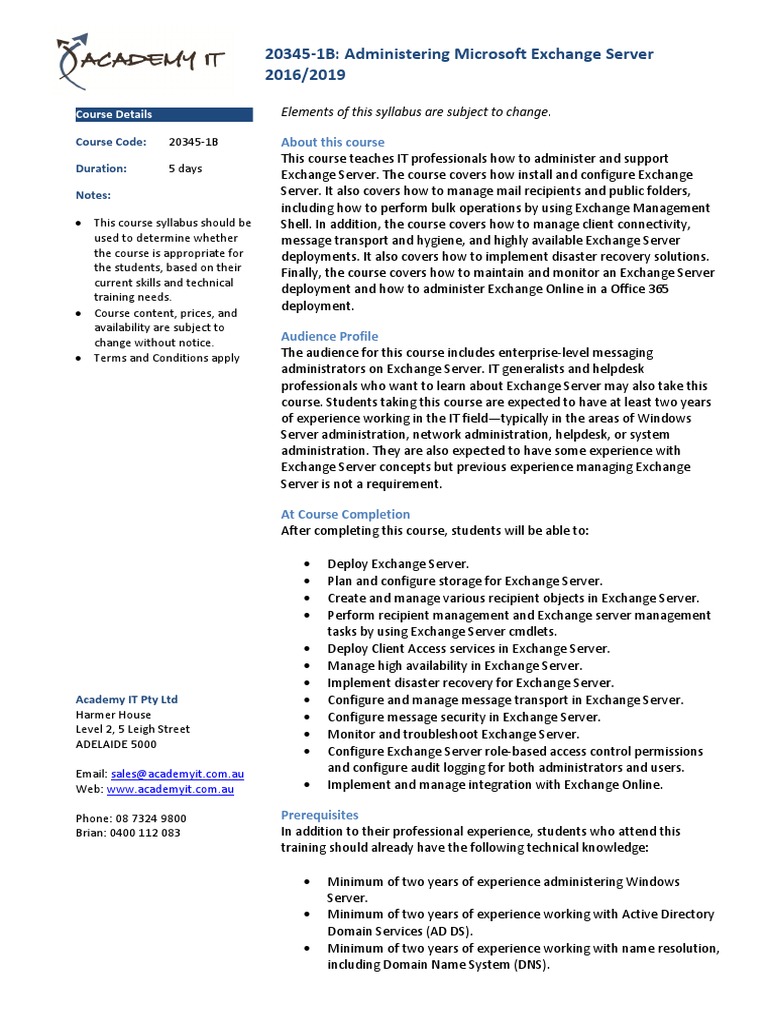 20345-1B: Administering Microsoft Exchange Server 2016/2019: About This Course | PDF | Microsoft ...