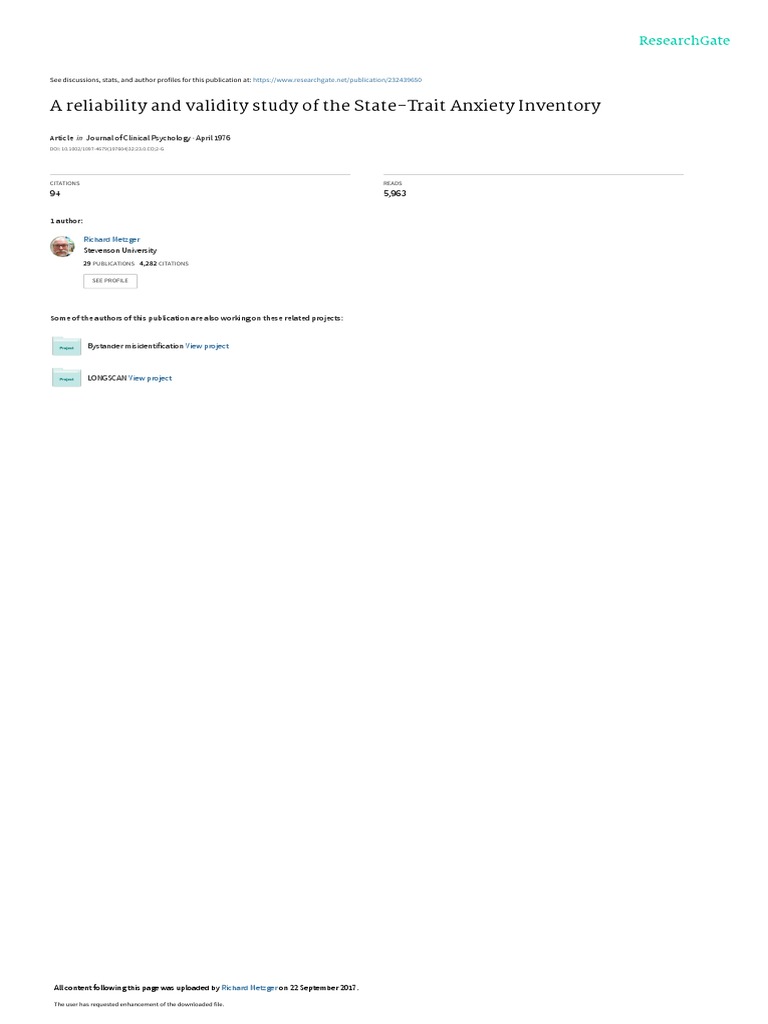 A Reliability and Validity Study of The State-Trait Anxiety Inventory ...