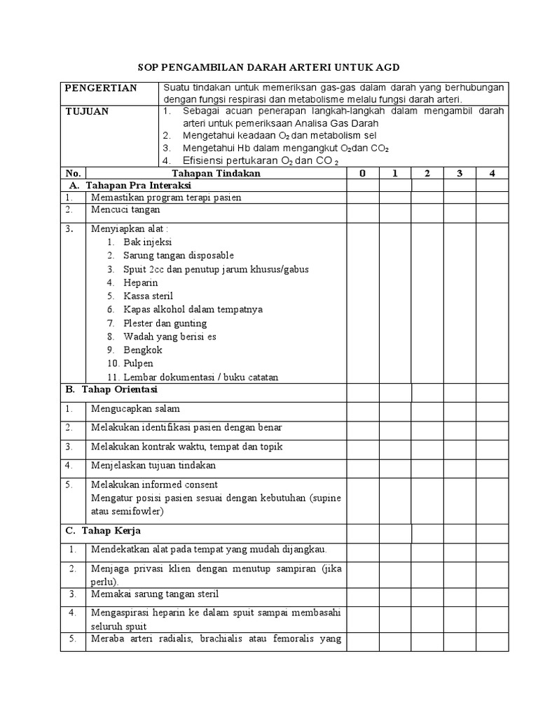 Sop Pengambilan Darah Arteri Untuk Agd | PDF