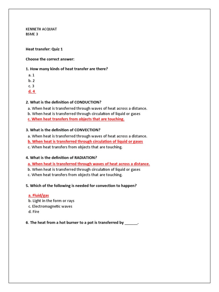 Heat Transfer Quiz and Answers | PDF | Heat Transfer | Convection