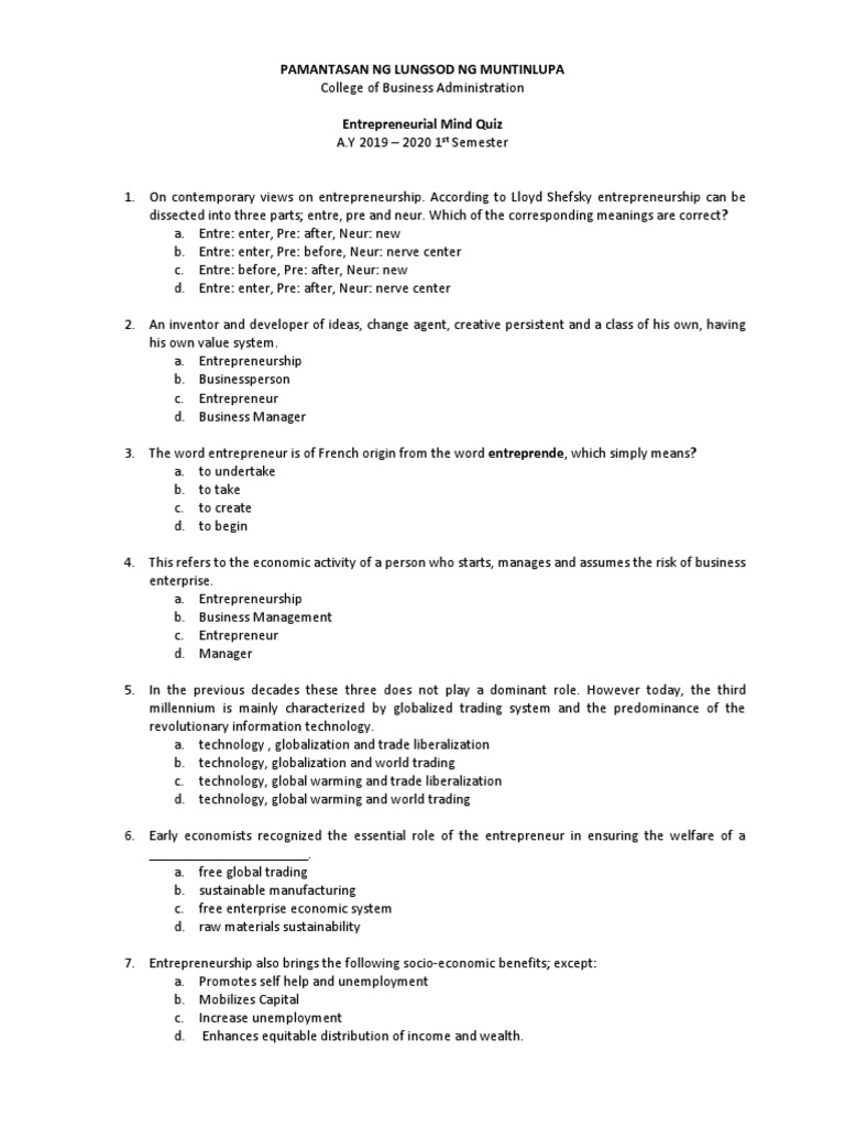 Entrepreneurial Mind Midterm Quiz | PDF | Entrepreneurship | Economic ...