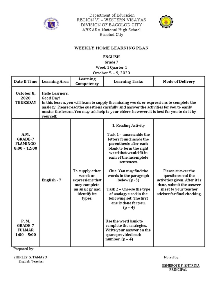 Week 1 Quarter 1 English | PDF | Education Theory | Teaching