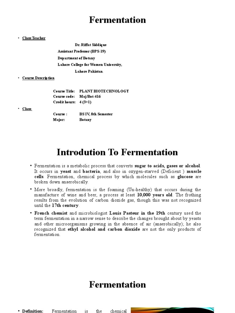 Fermentation: - Class Teacher Dr. Riffat Siddique | PDF | Fermentation ...