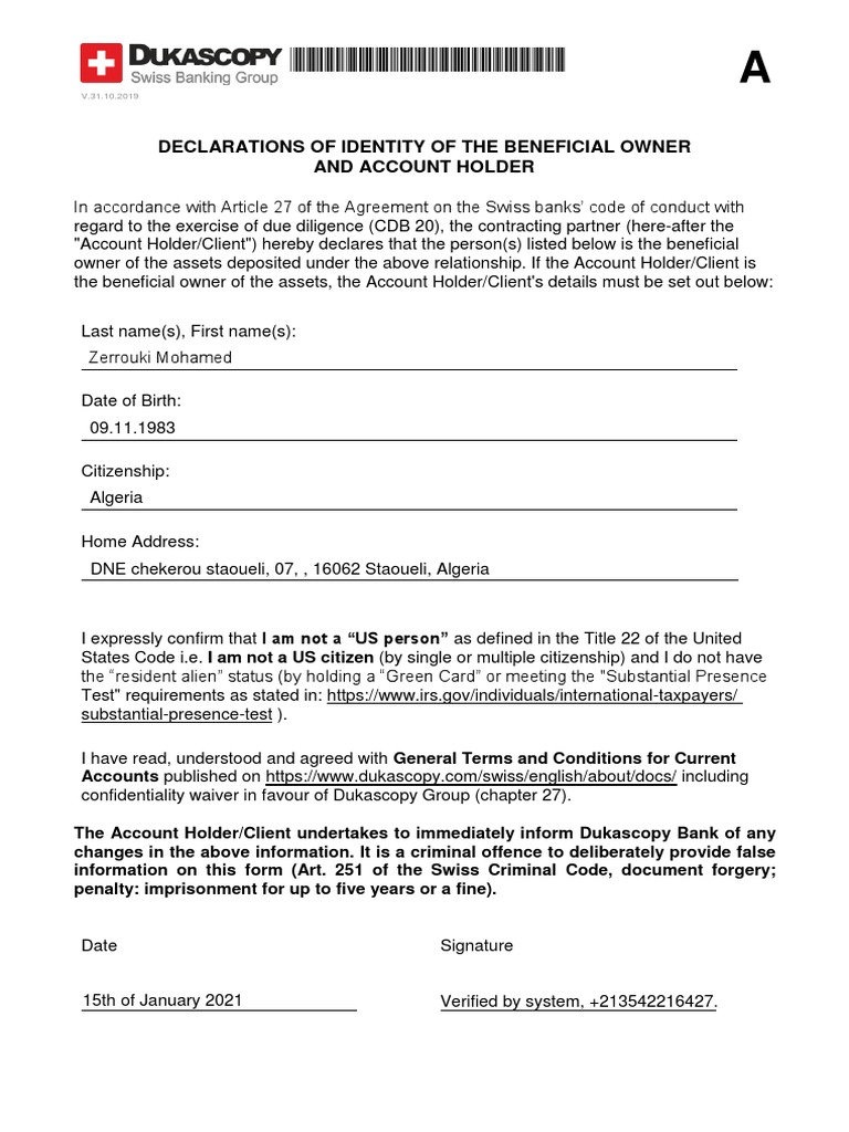 005 - 00 Indentification of The Beneficial Owner Declaration MCA | PDF