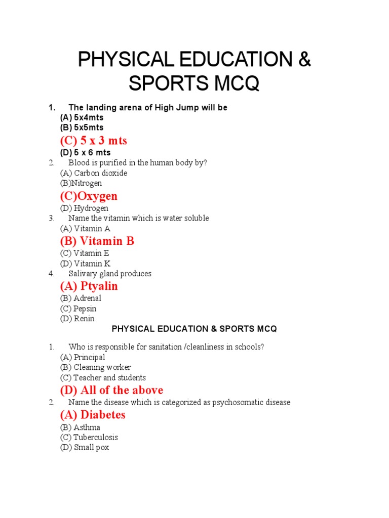 Physical Education & Sports MCQ: (C) 5 X 3 Mts | PDF | Flexibility ...
